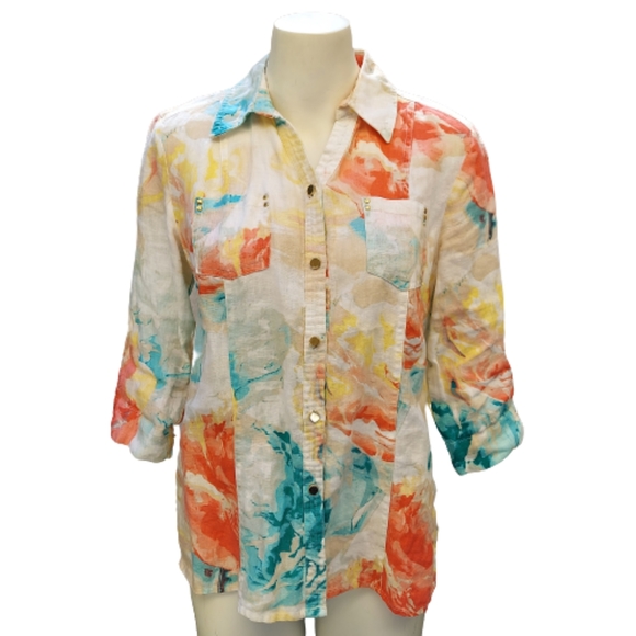 JM Collection | Tops | Jm Collection Petite Multicolored Printed Linen ...